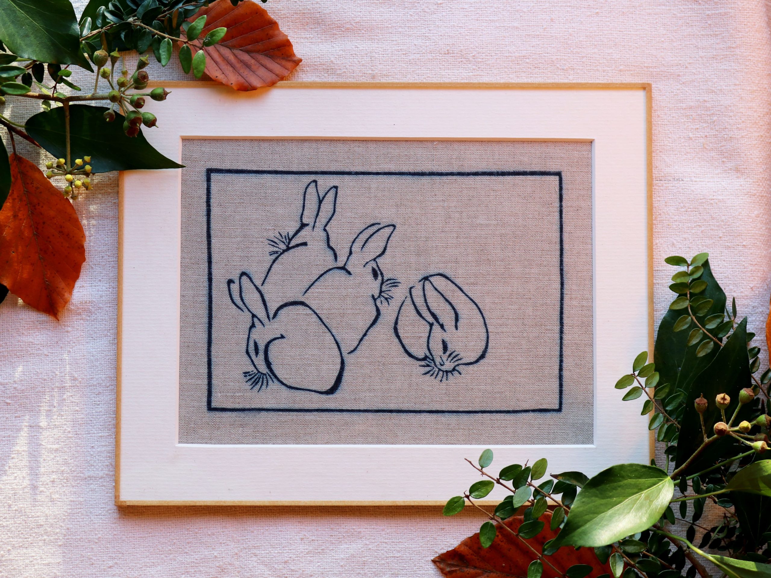 Rabbits Linocut Print Hokusai - BlueHandStudio